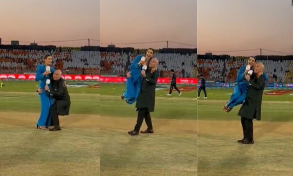 Commentator lifts presenter on his lap during pre-match show in PSL